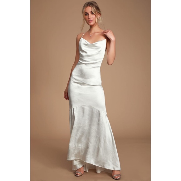 Lulus | Dresses | Lulus Aisle White Satin Cowl Neck Maxi Dress Medium ...